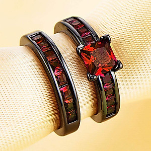 XAHH His and Hers Couples Matching Rings Women's 2pc Black Gold Filled Red CZ Engagement Ring Bridal Sets Men's Titanium Steel Wedding Band Size 6 11