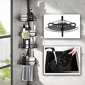 Everkeen Corner Shower Caddy Tension Pole, 4 Tier Bathroom Organizer and Shampoo Storage Shelves 48 to 115 inch Adjustable Floor Standing Bath Rack Holder with Sticky Hooks, Quick Installation
