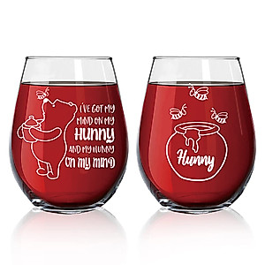 DYJYBMY I've Got My Mind On My Hunny And My Hunny On My Mind Funny Wine Glass Gifts for Women Sister BFF Thanksgiving Christmas Birthday Anniversary Christmas Gifts 1PCS
