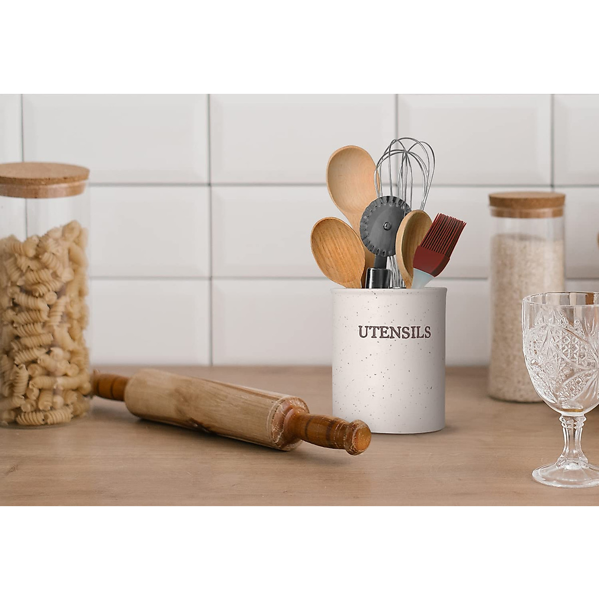 KooK Large Utensil Crock for Kitchen Counter, Ceramic Utensil Holder, Heavy & Stable Caddy, Farmhouse Decor, Matte Speckled Stoneware, Cream, 6 inch, Dishwasher Safe