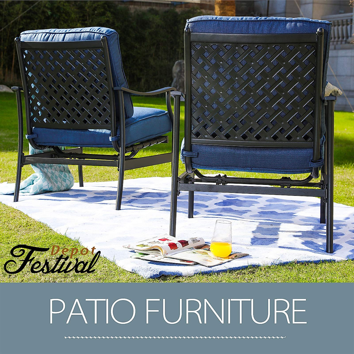 Festival Depot Patio Set of 2 Dining Chairs with Thick Cushions Metal Frame Outdoor Furniture for Bistro Deck Garden (Blue)