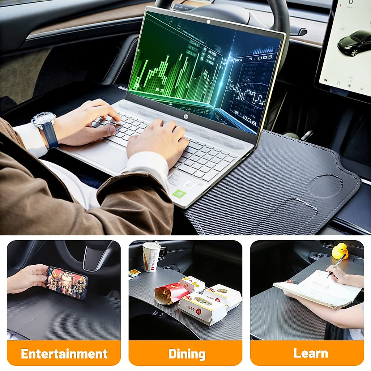 FURYENGRAVER Big Space Desk for Tesla Model Y Model 3 Tray for Eating Laptop iPad or Notebook Tesla Model Y Model 3 Accessories Carbon Fiber Texture