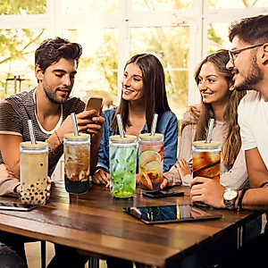 BESTBEL 6 Pack Mason Jar Drinking Glasses with Lids and Straws,24OZ Glass Cups with Bamboo Lids and Straws,Wide Mouth Reusable Smoothie Cups,Iced Coffee Cups,Boba Cup,Bubble Tea Cup