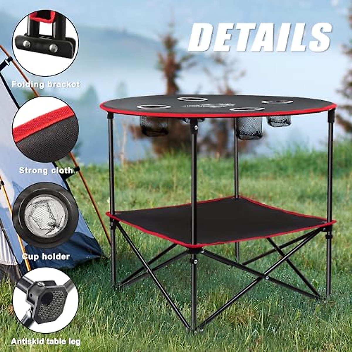 Grovind Portable Camping Table, Outdoor Beach Tables for Sand Foldable Picnic Table with 4 Cup Holders & Carry Bag, Lightweight Waterproof Canvas Tables for Outside, Fishing, Hiking, Tailgating