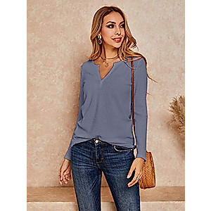 Womens V Neck Shirts Long Sleeve Waffle Knit Loose Fitting Warm Tee Tops Pullover Sweaters (Medium, Dark Blue)