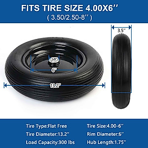 13 Inch Wheelbarrow Tires 4.00-6 Flat Free Wheelbarrow Tire, 5/8" or 3/4" Bearings Solid 4.00-6 Tire and Wheel Replacement for Wheel Barrel Wheel Barrow, Includes Adapter Kit(4.00-6 Flat Free)