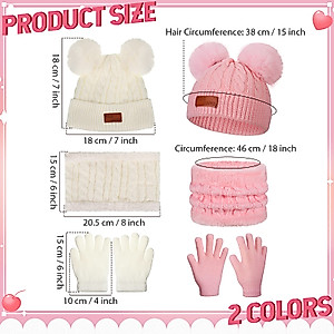 2 Set Kids Winter Hat Scarf Gloves Set Warm Toddler Knit Beanies Gloves Neck Warmer Set for Boys Children Girls (White, Pink)