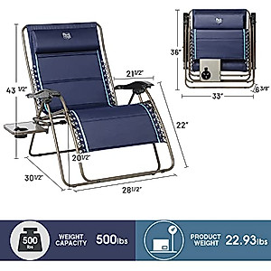 TIMBER RIDGE 33In Wide XXL Zero Gravity Reclining Side Table Full Padded Lounge Chair for Outdoor Camping Patio Lawn, Heavy Duty Supports 500lbs, Blue
