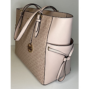 Michael Kors MICHAEL Michel Kors Gilly Large Drawstring Travel Tote bundled with Double Zip Wristlet Purse Hook (Signature MK Pink)