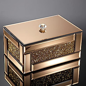 Hipiwe Glass Mirrored Jewelry Box with Crushed Diamond Decor Jewelry Trinket Organizer Box Keepsake Box Treasure Chest Case for Rings Earrings Necklace Storage Box (Large, Gold)