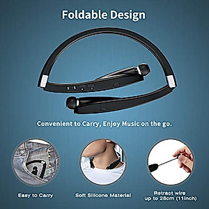 AMORNO Foldable Bluetooth Headphones Wireless Neckband Headset with Retractable Earbuds, Sports Sweatproof Noise Cancelling Stereo Earphones with Mic