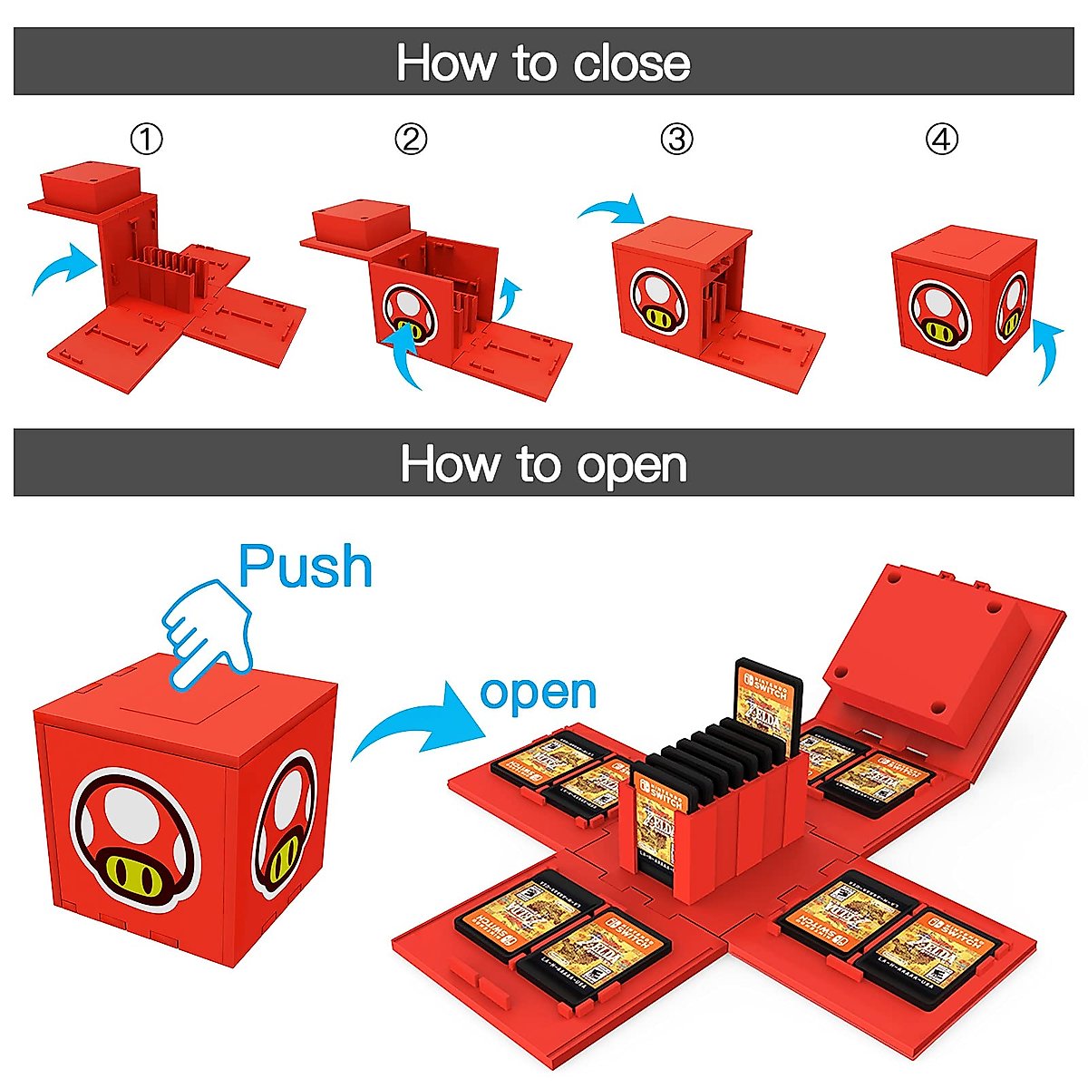 UFOPETIE 16 in 1 Game Storage Box for Switch Game Cards Mario Games Cube up to 16 Games,for Nintendo Switch Game Card Case Cube Nintendo Switch Game Storage Box Mario Mushrooms Thumb Grip 2PCS