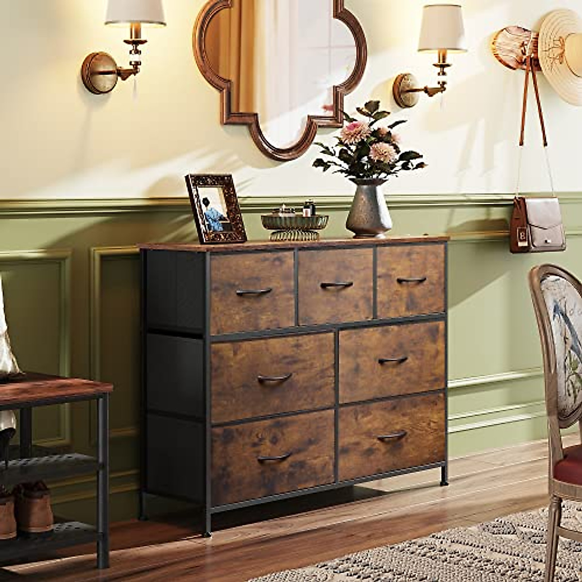 WLIVE Dresser TV Stand, Entertainment Center with Fabric Drawers, Media Console Table with Metal Frame and Wood Top for TV up to 45 inch, Chest of Drawers for Bedroom, Rustic Brown Wood Grain Print