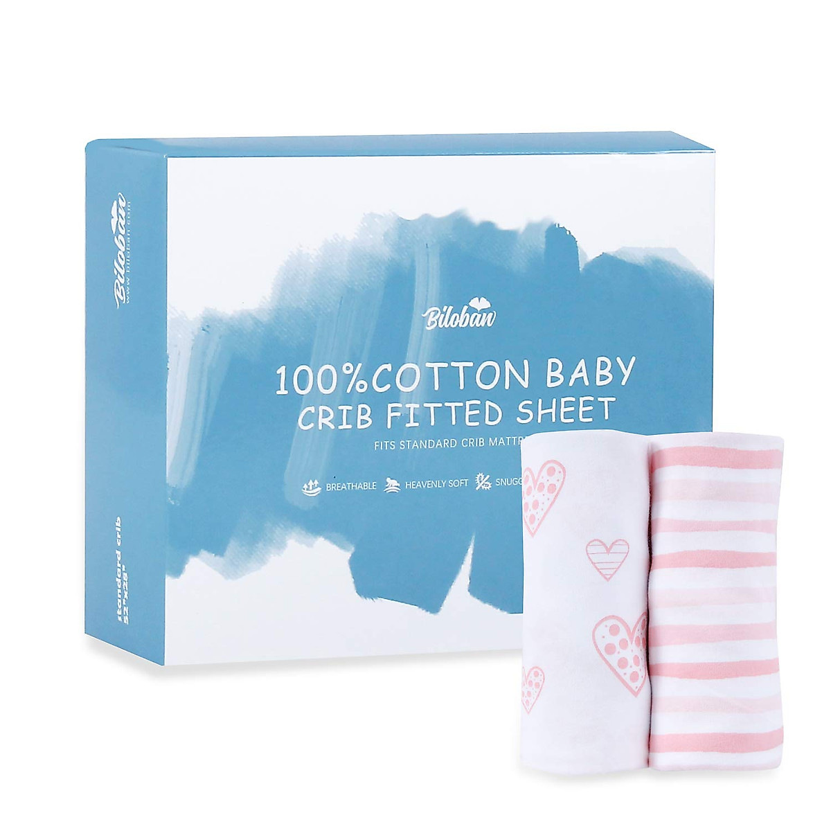 Biloban Crib Sheets Fitted, 2 Pack Crib Sheet Fits for Standard Crib and Toddler Mattress, 100% Jersey Knit Cotton Crib Sheet for Baby Boys & Girl, Pink Heart Stripes