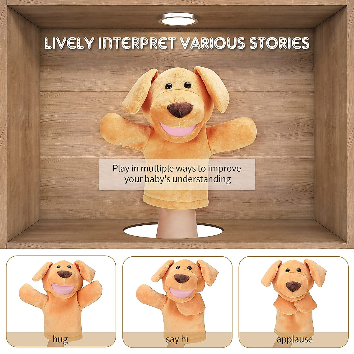 Zomiboo Hand Puppets Soft Animal Hand Plush Toy with Movable Mouth Imaginative Pretend Play Stocking Storytelling Interactive Toy (Dog)