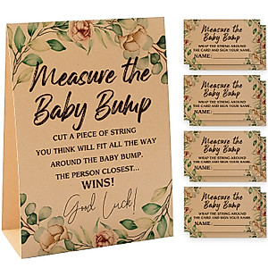 1 Measure the Baby Bump Kraft Sign & 50 Guessing Cards Set, Gender Neutral Baby Shower, Baby Showers Decorations, Baby Shower Games/083KF