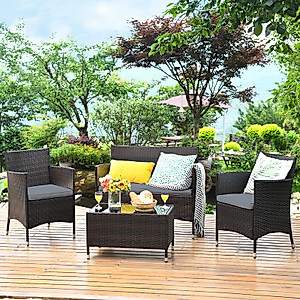 RELAX4LIFE 4-Piece Patio Furniture Set - Wicker Rattan Chairs w/Tempered Glass Coffee Table & Seat Cushions, Sofa Set for Garden Backyard Porch Balcony, Outdoor Conversation Set (Grey, 1)