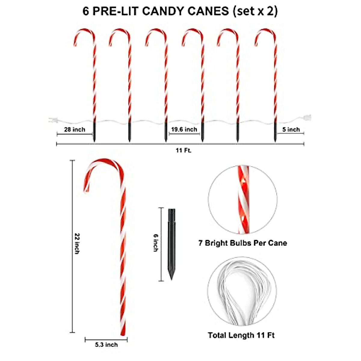 COOLWUFAN 28" Christmas Candy Cane Pathway Markers, Set of 12 Pack Christmas Outdoor Decorations Pathway Lights with 72 Warm Lights for Christmas Holiday Party Walkway Patio Garden Yard Lawn Decor