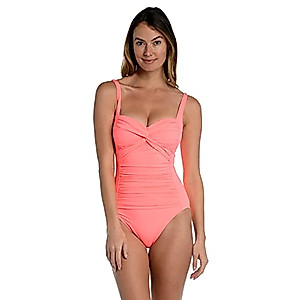 La Blanca Women's Island Goddess Over The Shoulder Rouched Front Bandeau One Piece Swimsuit, Hot Coral, 16