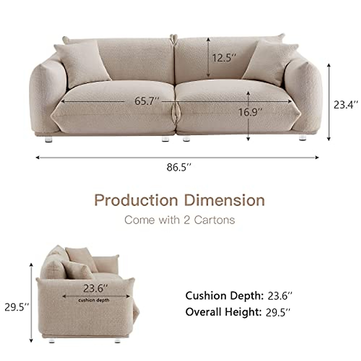 Hommoo Mid Century Modern Couch for Living Room Bedroom Soft Loveseat Sofa Boucle Sofa with Metal Legs Comfy Couch 87" W Small Couch for Small Space with Pillows Camel