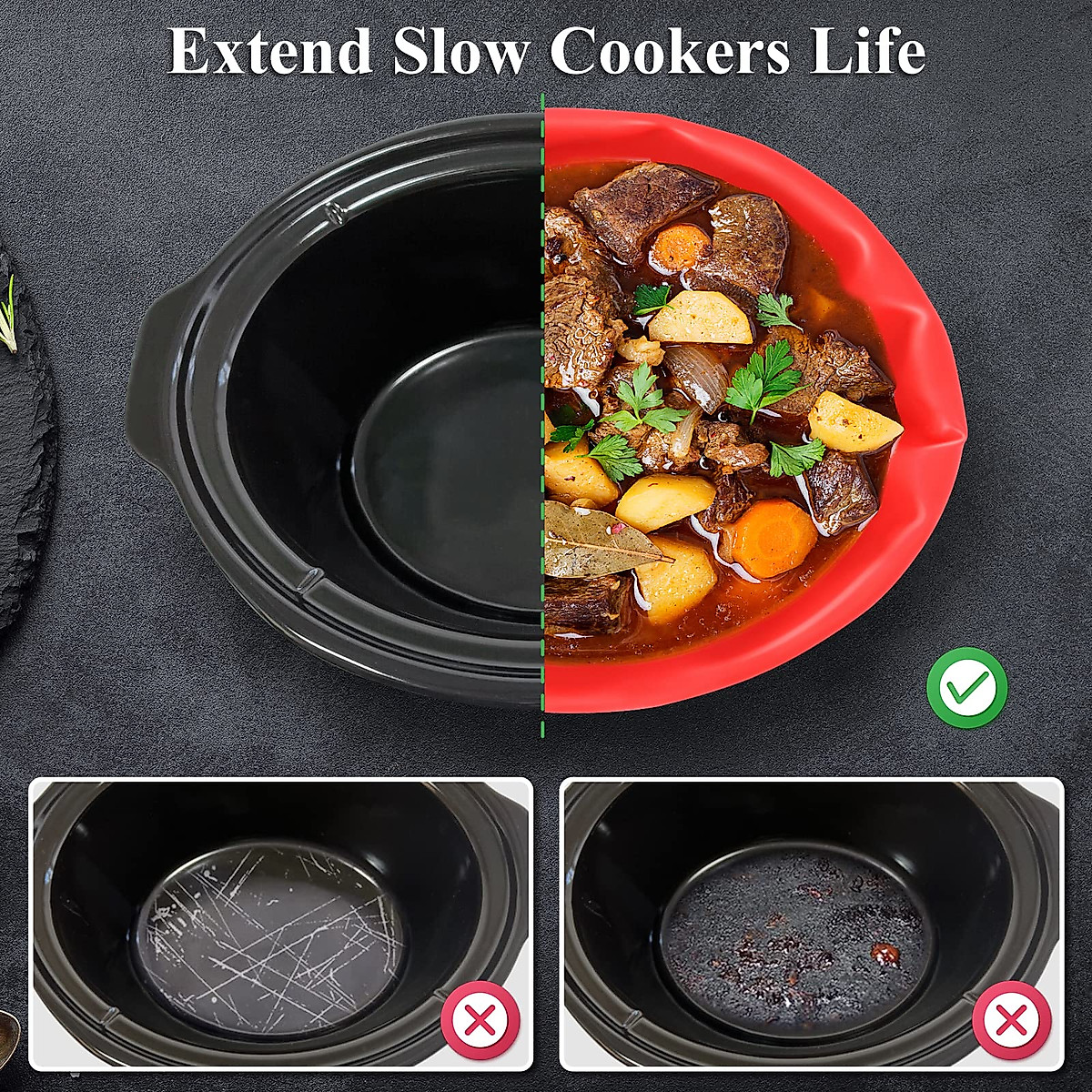 Silicone Slow Cooker Liners Bags-Compatible with Crock Pot 6 QT, Easyjoy For Crock Pot Liners Reusable Divider Bags Fit For 6 Quart Oval & Round Slow Cookers, Leakproof Dishwasher Safe BPA Free, 1PCS