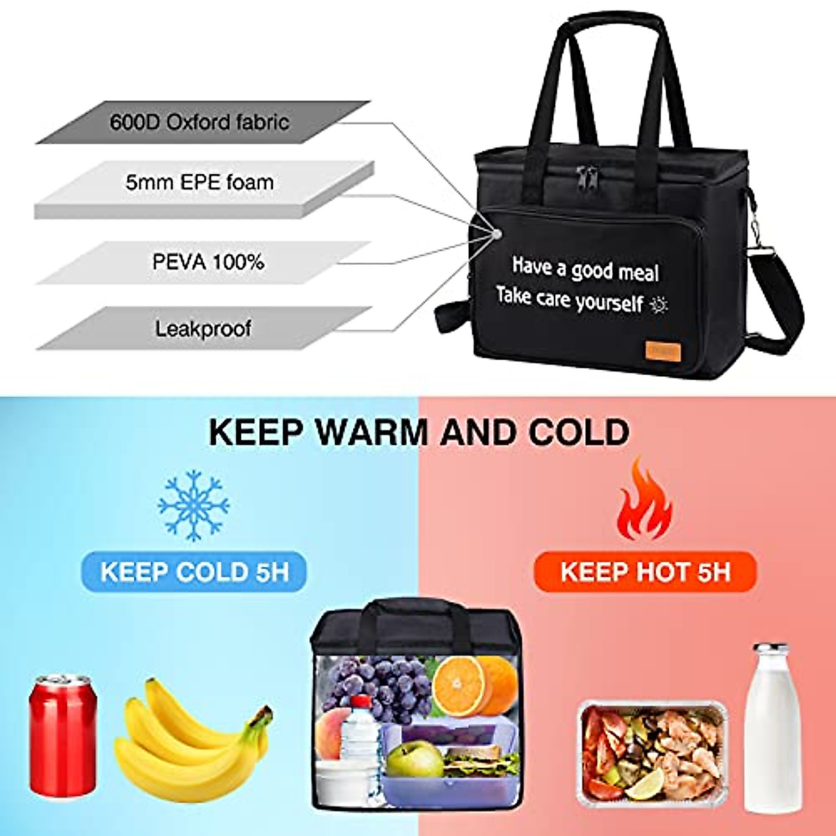 COCEQUC Large Lunch Bag, Reusable Insulated Cooler Lunch Bag, 15L Lunch Box Organizer with Adjustable Shoulder Strap for Travel Camping Hiking Beach Swimming