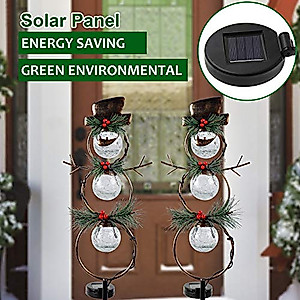 GUOOU Solar Christmas Yard Decorations, Outdoor LED Solar Powered Glass Ball Lights, Xmas Snowman Pathway Lights, Metal Solar Garden Stake Lights, Snowman Christmas Lawn Yard Ornament, Set of 2