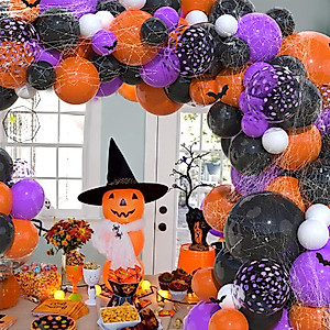 Halloween Balloons Garland Arch Kit,130PCS Halloween Party Balloons with Spider Web,Bats Stickers,Purple Orange and Black Balloons for Halloween Party Decorations Halloween Birthday Baby Shower