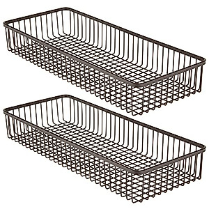 mDesign Metal Farmhouse Kitchen Cabinet Drawer Organizer Basket Tray, Shallow Storage Bin for Cutlery, Serving Spoons, Cooking Utensils, Appliances, Gadgets, Unity Collection, 15" Long, 2 Pack, Bronze