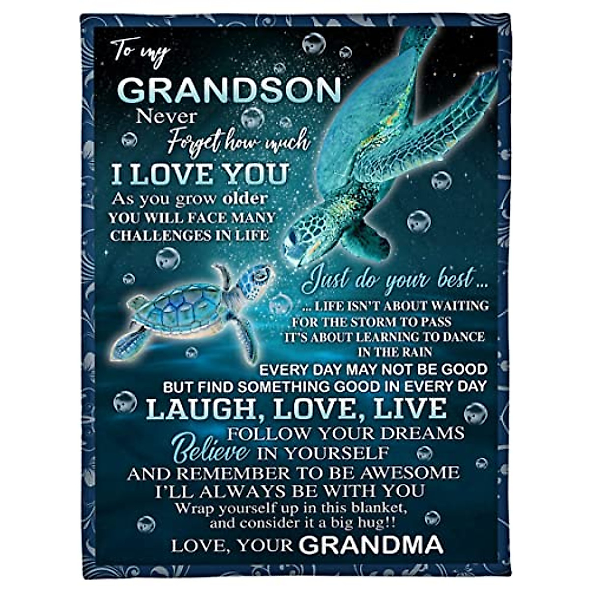 Personalized to My Grandson Blanket from Mimi Never Forget That I Love You Sea Turtle Custom Name Grandsons Gifts Fleece Sherpa Blanket for Birthday Christmas Xmas Graduation, Multi Color