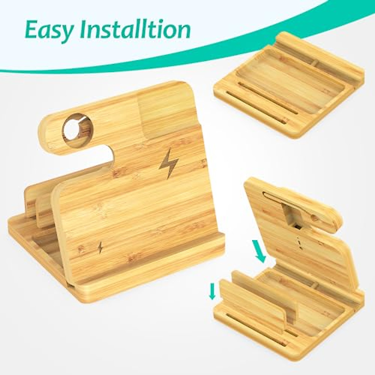 4 in 1 Bamboo Nightstand Wireless Charging Station,Can be Used as a Cell Phone Holder Wooden Desktop Organizer for AirPods, iWatch, Cell Phones, Tablets, Gifts (with Adapter)