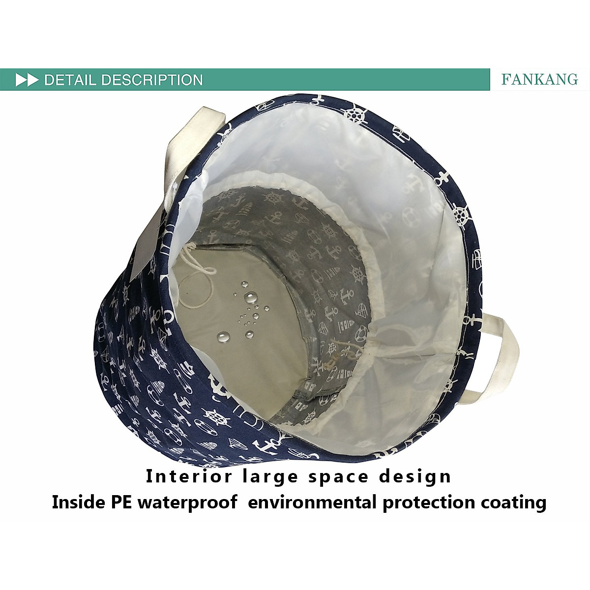 FANKANG Storage Basket, Nursery Hamper Canvas Laundry Basket Foldable with Waterproof PE Coating Large Storage Baskets for Kids Boys and Girls, Office, Bedroom, Clothes,Toys（navy anchor）