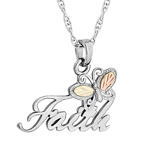 Faith' Text with Butterfly Pendant Necklace, Sterling Silver, 12k Green and Rose Gold Black Hills Gold Motif, 18"