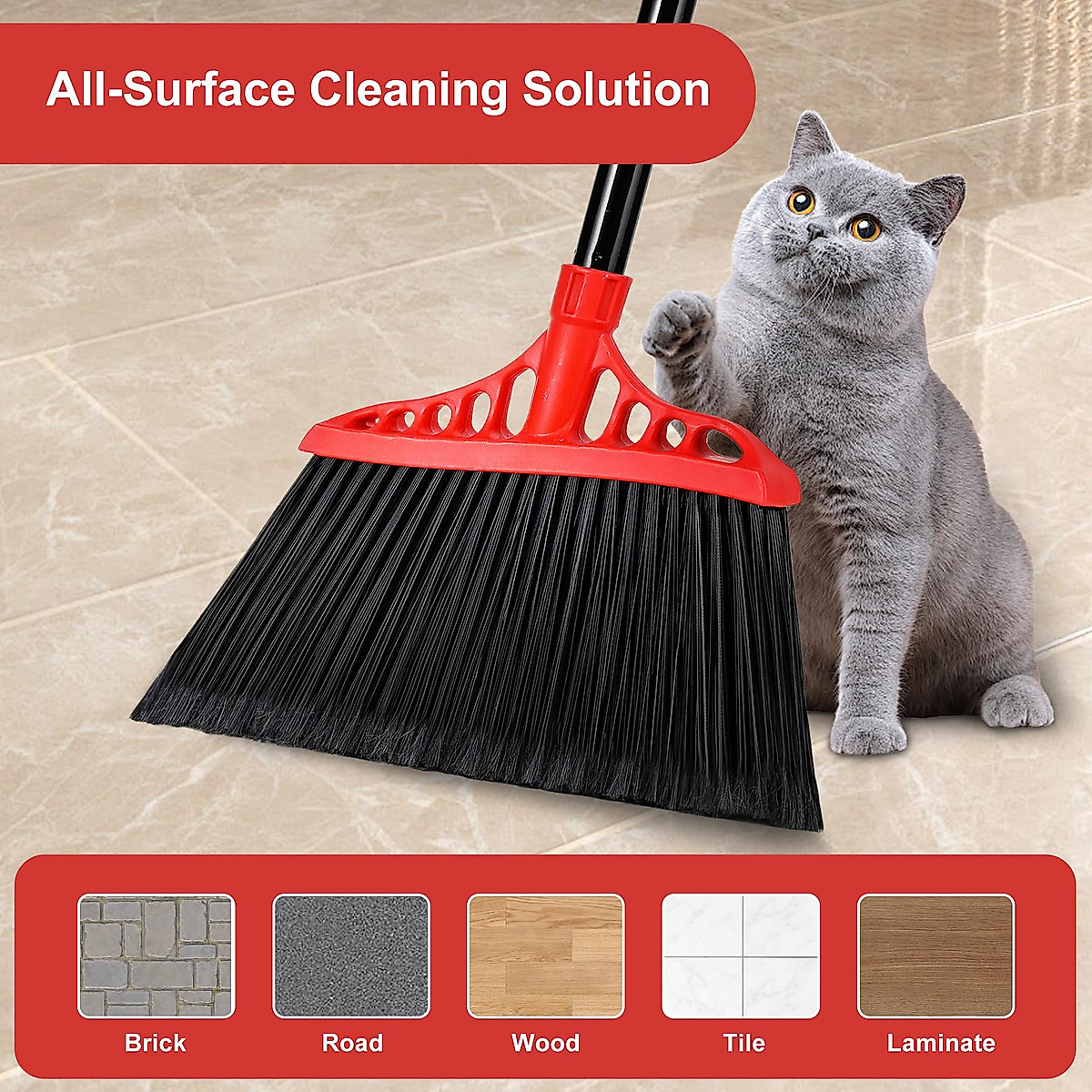 Tiumso Heavy Duty Broom, Outdoor Brooms, Commercial Broom for Sweeping Indoor, Kitchen Broom with 55" Long Handle, Angle Brooms for Patio Kitchen Shop Sidewalk - Black and Red