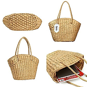 Gets Handmade Tote Straw Bag Rattan Summer Beach Shoulder Bag for Women (Brown)