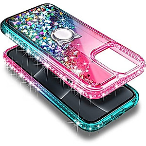 NGB Supremacy Compatible for iPhone 13 Case (6.1 inch) with Tempered Glass Screen Protector, Ring Holder/Wrist Strap, Girls Women Kids Bling Sparkle Liquid Glitter Cute Case (Pink/Aqua)
