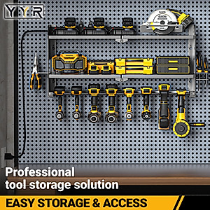 YYR Power Tool Organizer with Charging Station Wall Mount, Cordless Drill and Battery Holder for Garage Organization, Electric Tools Storage Rack Build in Surge Protection Power Strip - Black Shelf