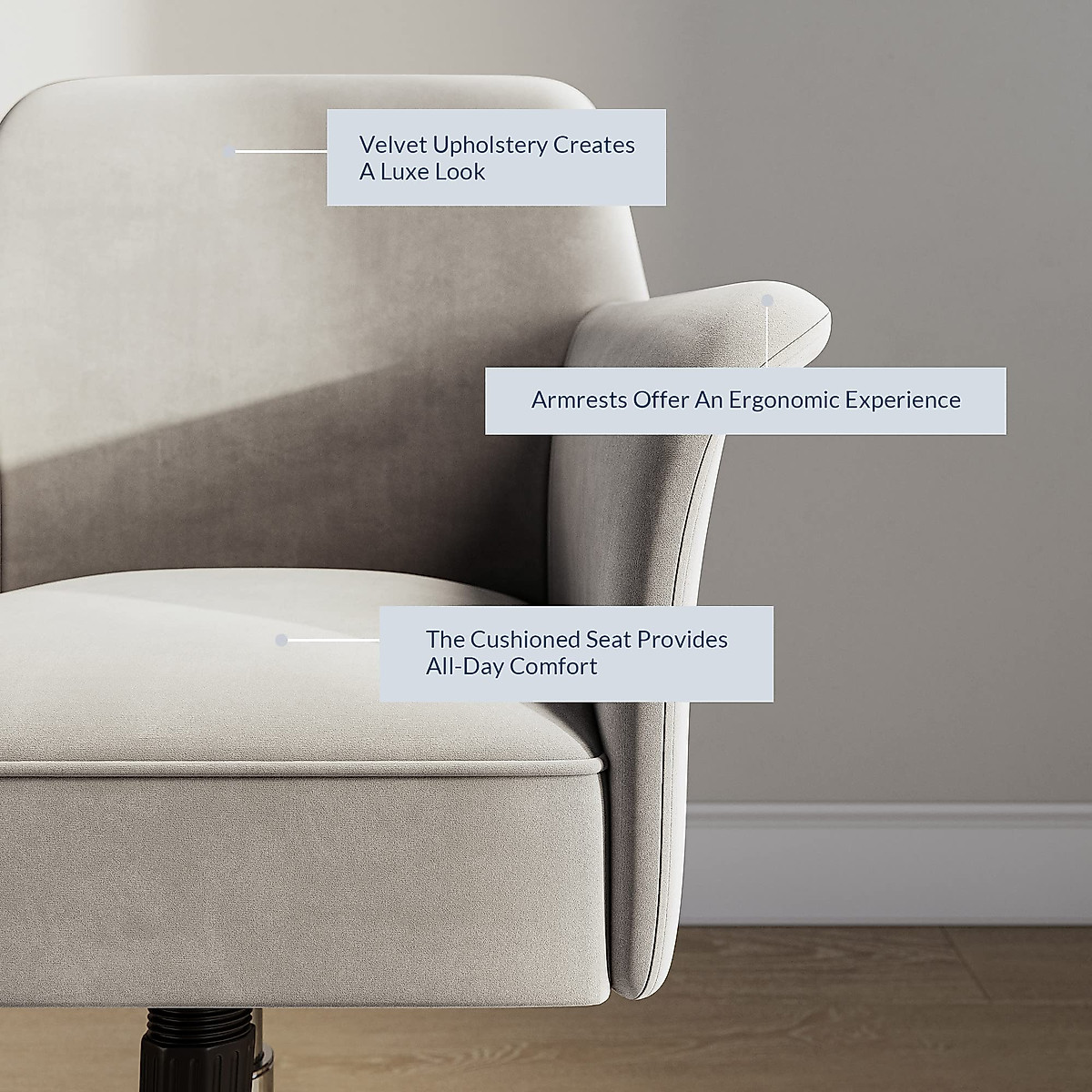 BELLEZE Modern Home Office Chair, 360 Degree Swivel Desk Chair Velvet Office Chair with Metal Base, Rolling Chair Adjustable Chair with Arms and Wheels for Bedroom, Study, Vanity - Peyton (Black)