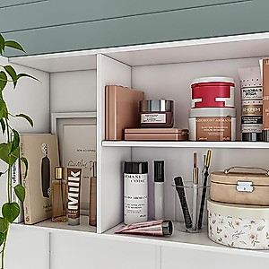 FAMAPY Armoire Wardrobe with Vanity Desk and Lighted Mirror, Armoire with Hanging Rod, Drawers & Shelves, Glass Tabletop, Armoire Closet for Bedroom White (47.2”W x 19.1”D x 70.8”H)