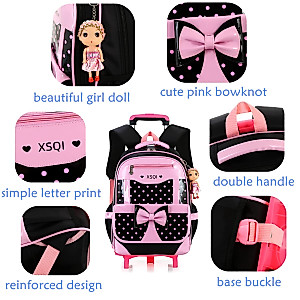 MITOWERMI Rolling Backpack for Girls Trolley School Bags Cute Bowknot Girls Backpack with Wheels Carry-on Travel Luggage with Handbag Toddler Elementary Princess Bookbags