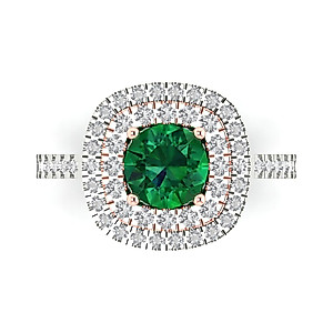 Clara Pucci 1.72ct Round Cut Solitaire double Halo Green Emerald designer Modern Statement Accent Ring 14k two tone Gold 7.25