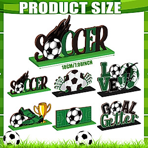 Suzile 6 Pcs Soccer Ball Table Wooden Decorations Green Black Table Centerpiece Sign Soccer Football Theme Party Detachable Tabletop Decor Photo Props for Boys Kids Birthday Party Supplies