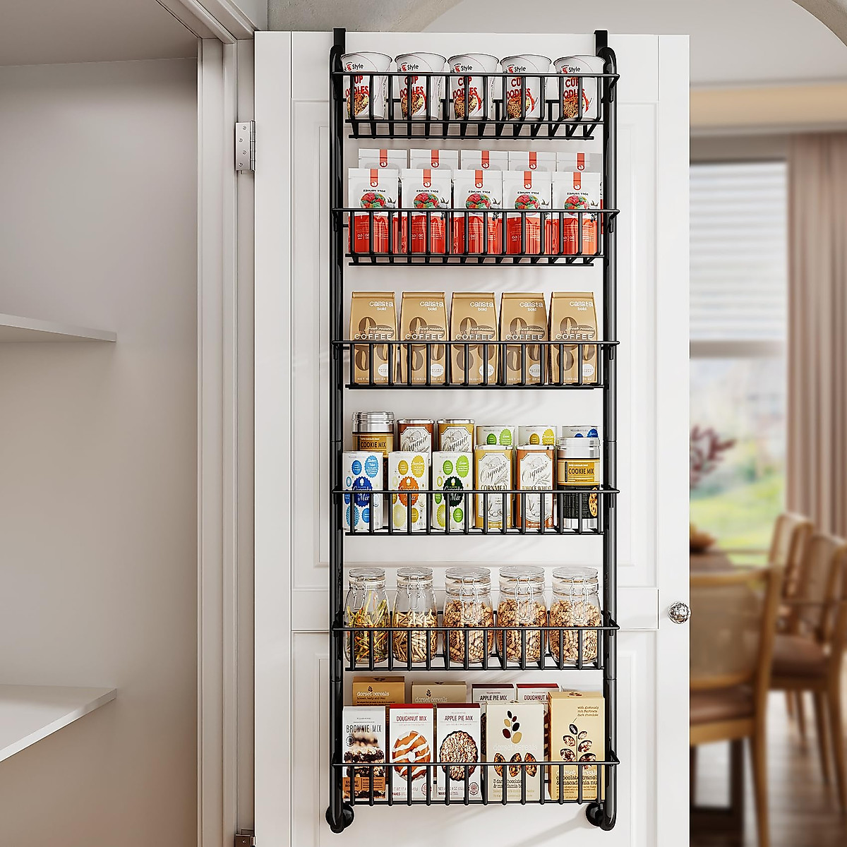 Over the Door Pantry Organizer - 6 Tier Pantry Door Spice Rack Organizer, Metal Over Door Organization Pantry Organizer and Storage Kitchen