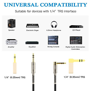 JOLGOO 1/4 inch TRS Cable, Straight to Right Angle 1/4 Inch 6.35mm Stereo Audio Cable for Studio Monitors,Mixer,Yamaha Speaker/Receiver, 10 Feet