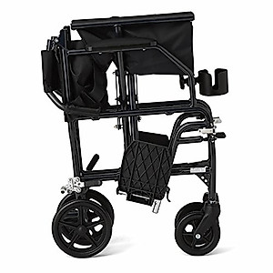Medline Ultralight Transport Wheelchair with 19” Wide Seat, Folding Transport Chair with Permanent Desk-Length Arms, Black Frame