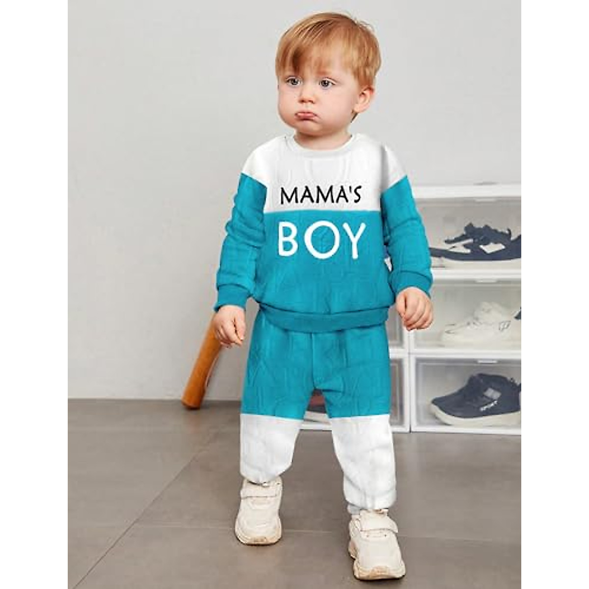 ADIFUN toddler Boy Clothes 2t-3t boys sweatshirt Outfits Fall Winter clothes baby boy's clothing MAMA'S BOY white blue Color Block Long Sleeve 2Pcs