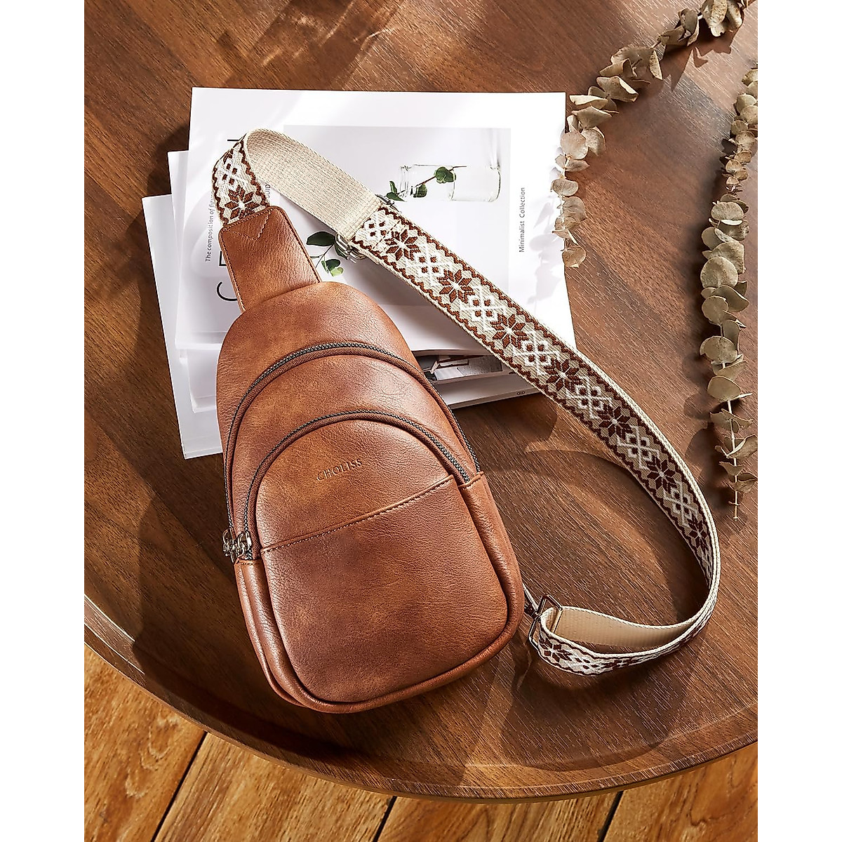 CHOLISS Small Sling Bag for Women Leather Crossbody Fanny Packs Chest Bag for Women, Brown