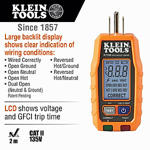 Klein Tools RT250 GFCI Receptacle Tester with LCD Display, for Standard 3-Wire 120V Electrical Outlets & Finder Accessory Kit, Circuit Breaker Leads, Circuit Breaker Adapters Klein Tools 69411