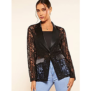 WDIRARA Women's Floral Lace Mesh One Button Lapel Neck Long Sleeve Elegant Jacket Blazer Black S