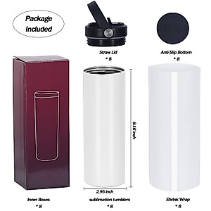 Micellwuu 8 Pack Sublimation Tumbler Bulk 20oz Skinny Straight, Sublimation Sport Water Bottles Double Wall Stainless Steel Tumblers for Sublimation with Portable Handle, Individually Boxed
